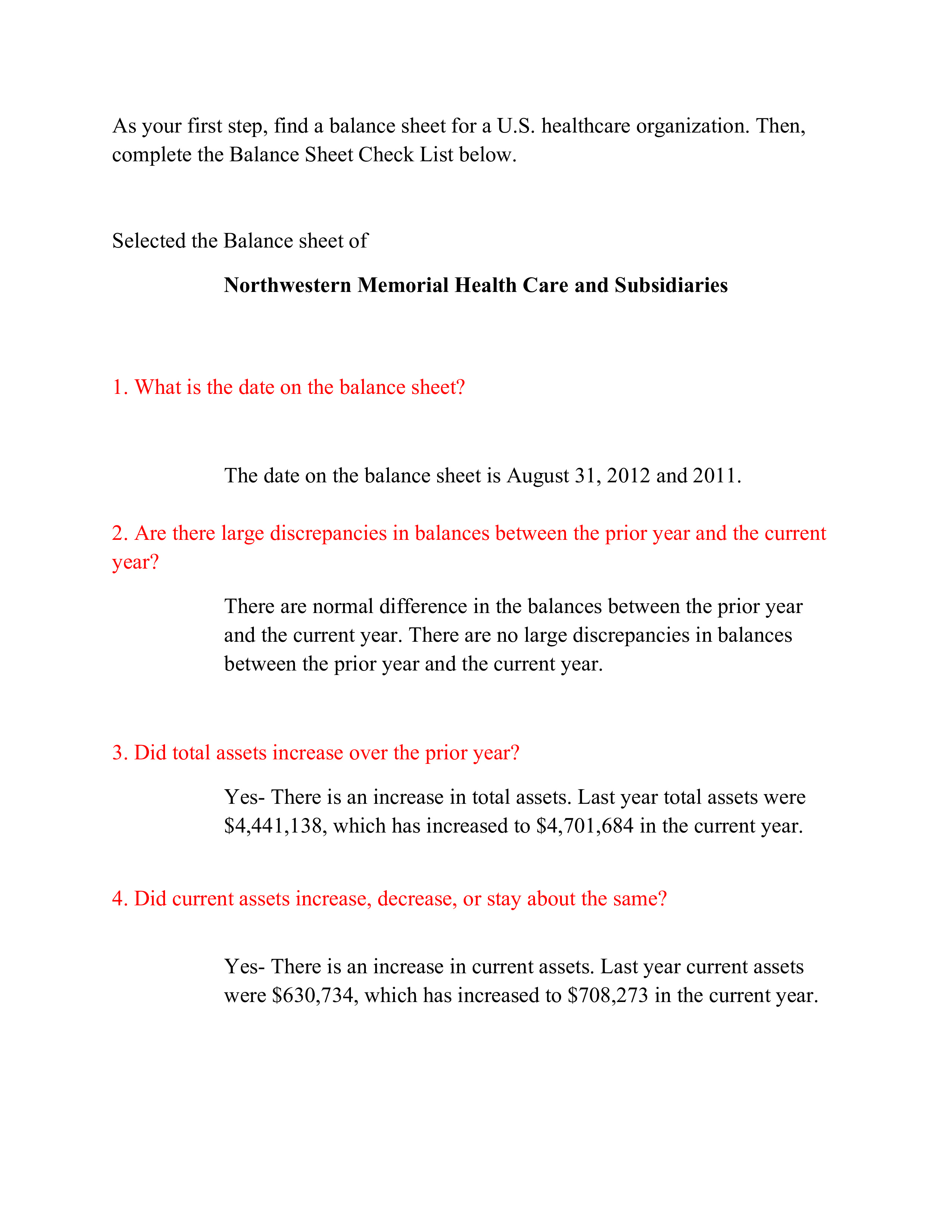 Balance Sheet For A U.S. Healthcare Organization