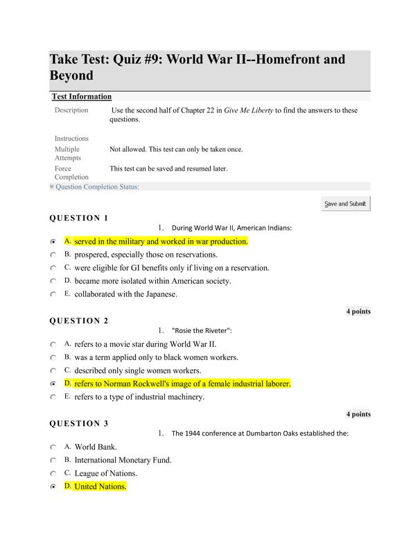 Quiz 9 World War II Homefront And Beyond