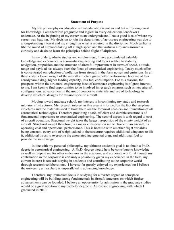 Statement Of Purpose For Master Degree Of Aerospace Engineering