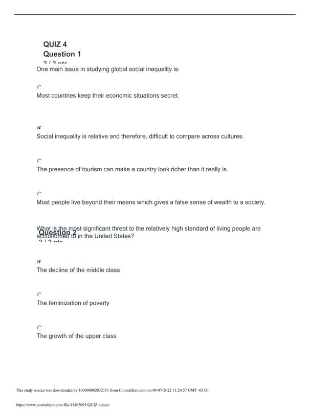 One Main Issue In Studying Global Social Inequality Is - Quiz 4 Answers