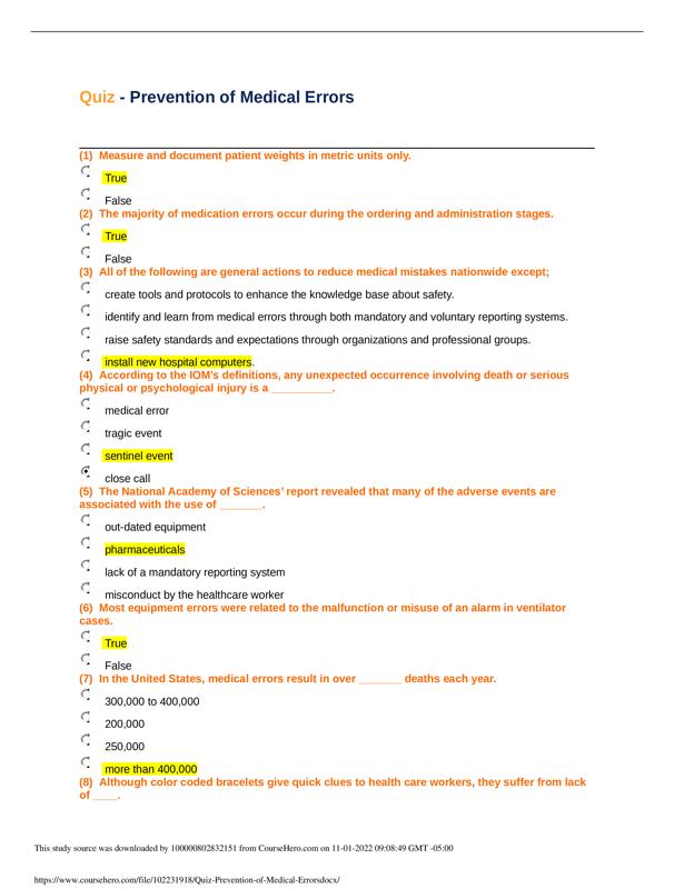 NURSING 3 Quiz Prevention Of Medical Errors