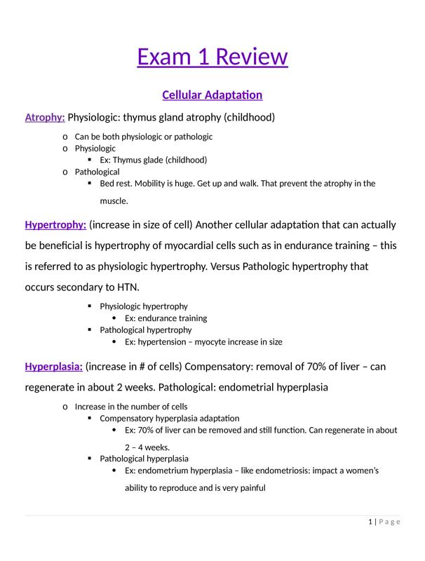 Wunderlich Patho Exam 1 Review Cellular Adaptation Atrophy