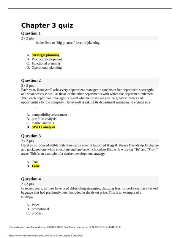 BUS M 300 Chapter 3 Quiz Introduction To Marketing
