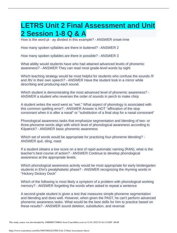 LETRS Unit 2 Final Assessment And Unit2 Session 1-8