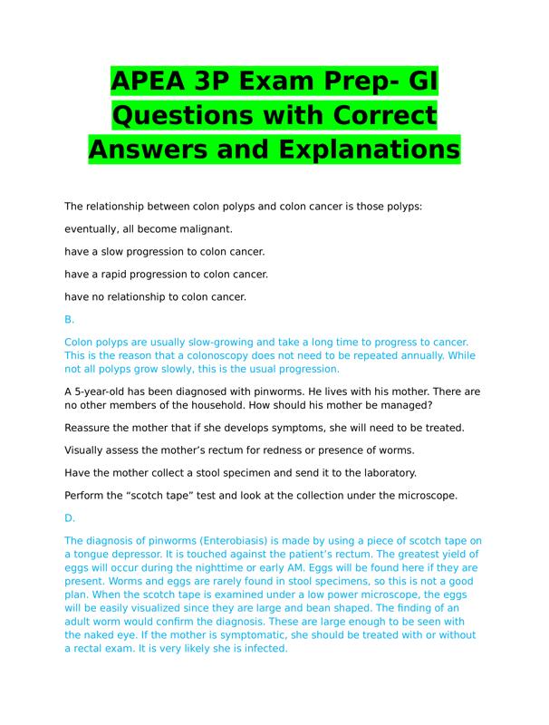 APEA 3P Exam Prep- GI Questions With Correct Answers And Explanations