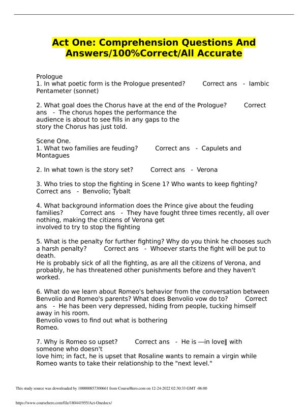 Act One: Comprehension Questions And Answers/100%Correct/All Accurate