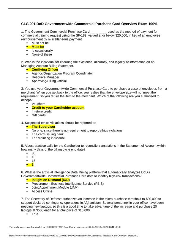 CLG 001 DoD Governmentwide Commercial Purchase Card Overview Exam 100%