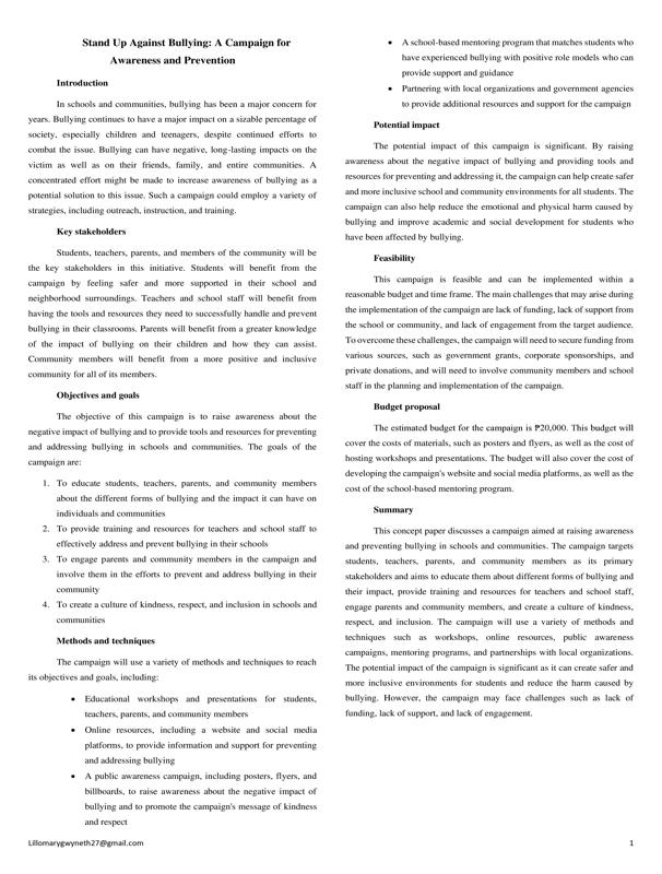 Concept Paper About Bullying Campaign And Awareness