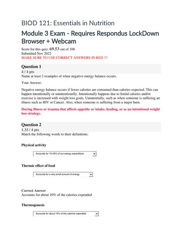 BIOD 121 Module 3 Exam - Portage Learning Essentials In Nutrition - 2022