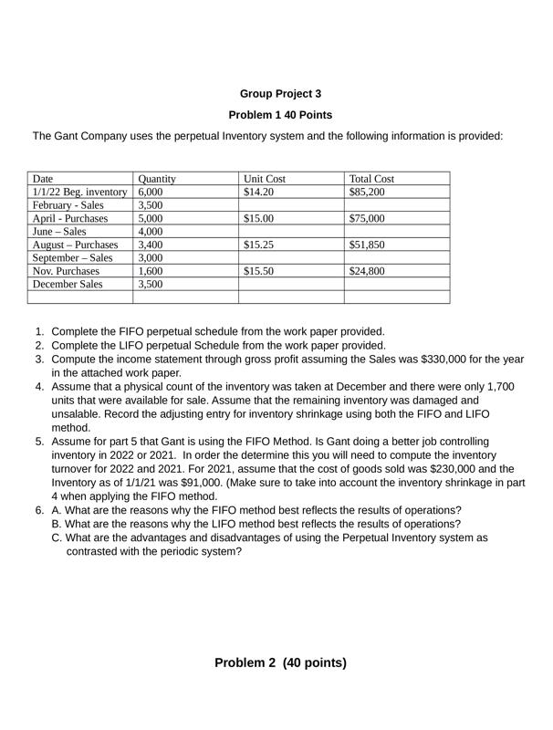Group Project 3 Problem 1 40 PointsThe Gant Company Uses The Perpetual ...