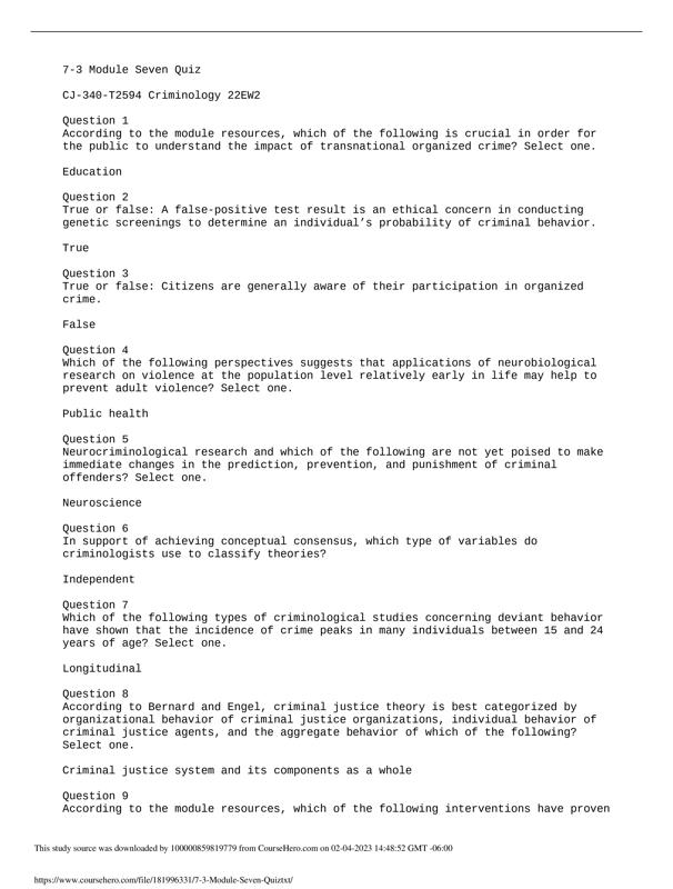 CJ 3407-3 Module Seven Quiz - SHNU