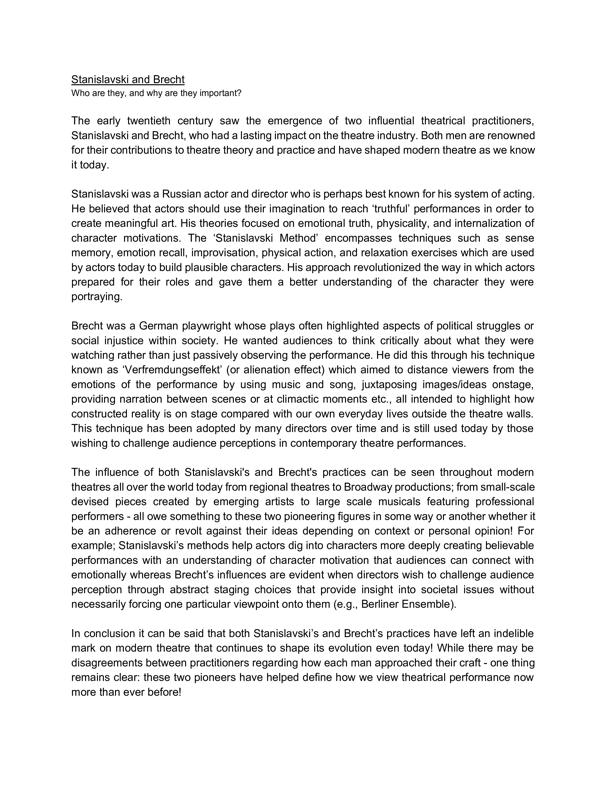 Stanislavski And Brecht Who Are They, And Why Are They Important?