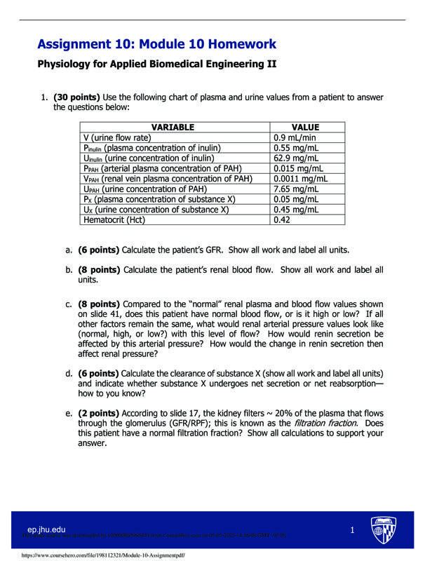 Assignment 10: Module 10 Homework Physiology For Applied Biomedical ...