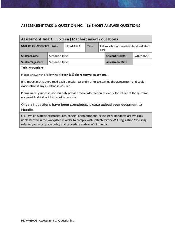 Assessment Task 1 – Sixteen (16) Short Answer Questions UNIT OF ...