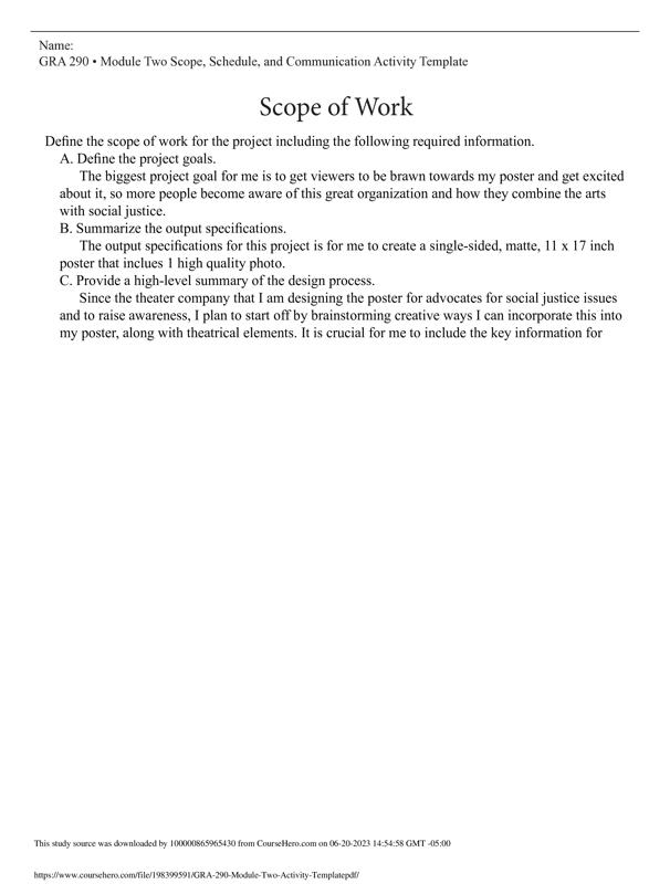 GRA 290 Module Two Scope, Schedule, And Communication Activity Template