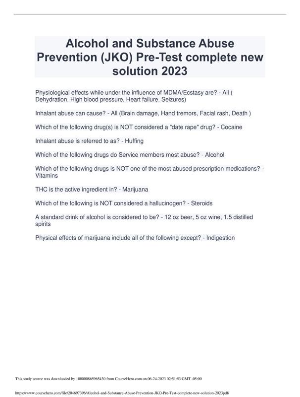 Alcohol And Substance Abuse Prevention (JKO) Pre-Test Complete New ...