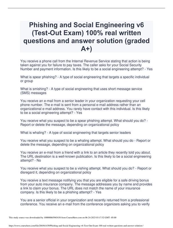 Phishing And Social Engineering V6 (Test-Out Exam) 100% Real Written ...