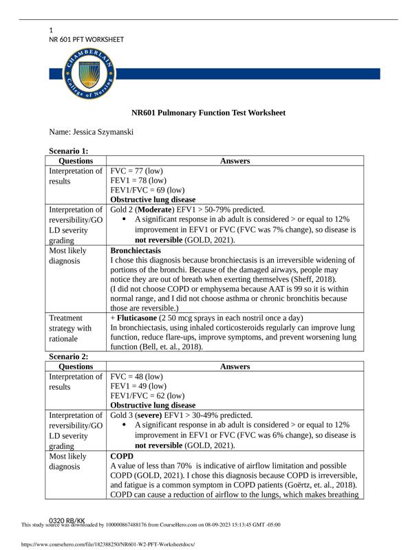 NR601 Pulmonary Function Test Worksheet