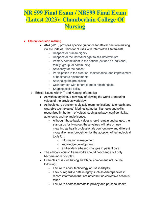 NR 599 Final Exam / NR599 Final Exam (Latest 2023): Chamberlain College ...