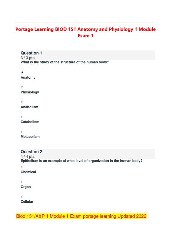 BIOD 151 Anatomy And Physiology 1 Module Exam 1 Portage Learning