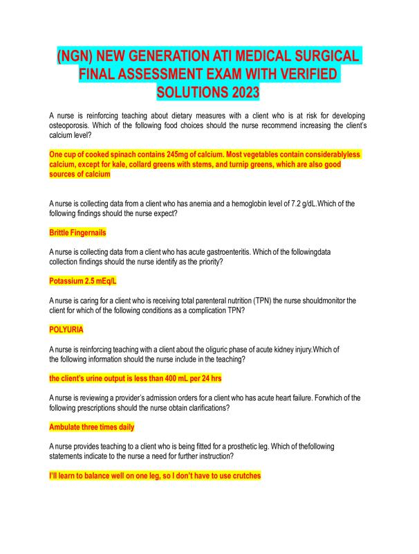 (NGN) NEW GENERATION ATI MEDICAL SURGICAL FINAL ASSESSMENT EXAM WITH ...