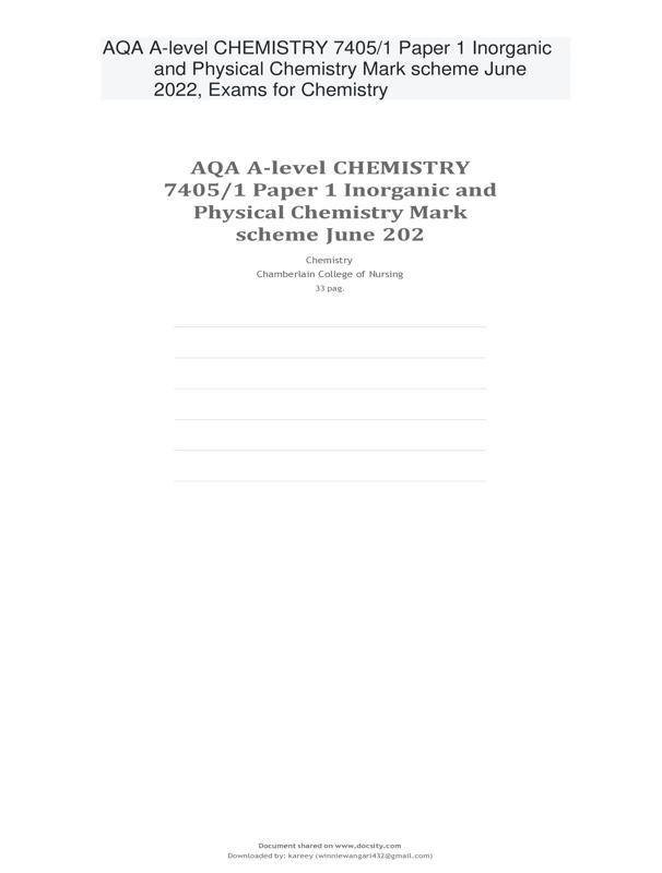AQA A-level CHEMISTRY 7405/1 Paper 1 Inorganic And Physical Chemistry Mark Scheme June 2022 ...