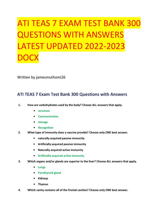 ATI TEAS 7 EXAM TEST BANK 300 QUESTIONS WITH ANSWERS LATEST UPDATED ...