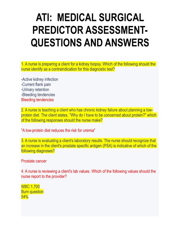 ATI: MEDICAL SURGICAL PREDICTOR ASSESSMENT- QUESTIONS AND ANSWERS