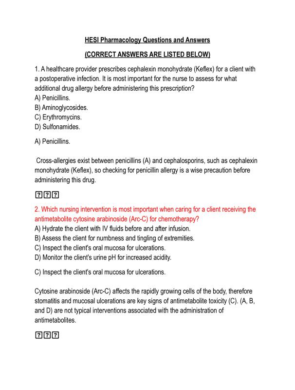 HESI Pharmacology Questions And Answers CORRECT ANSWERS ARE LISTED BELOW hesi-pharmacology-questions-and-answers-correct-answers-are-listed-below