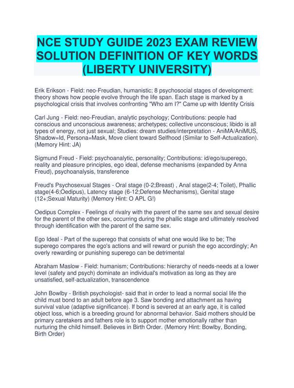 NCE STUDY GUIDE 2023 EXAM REVIEW SOLUTION DEFINITION OF KEY WORDS (LIBERTY UNIVERSITY)