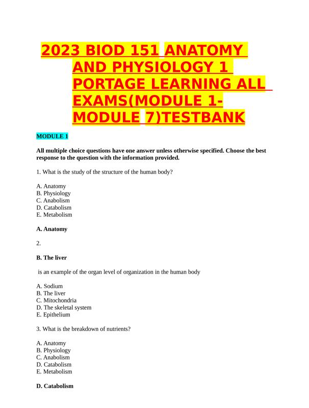 BIOD 151 ANATOMY AND PHYSIOLOGY 1 ALL-EXAMS(MODULE 1-MODULE 7 ...