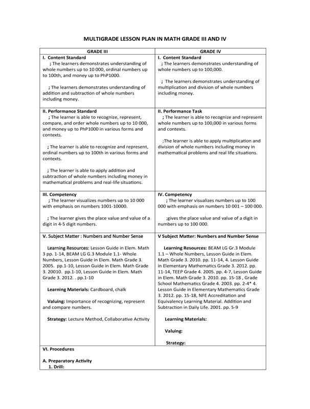 MULTIGRADE LESSON PLAN IN MATH GRADE III AND IV