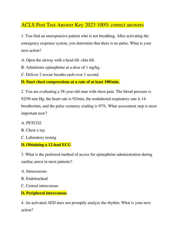 ACLS Post Test Answer Key 2023 100% Correct Answers
