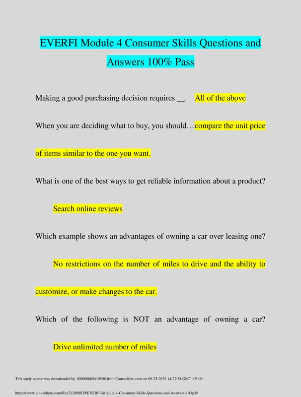 EVERFI Module 4 Consumer Skills Questions And Answers 100% Pass