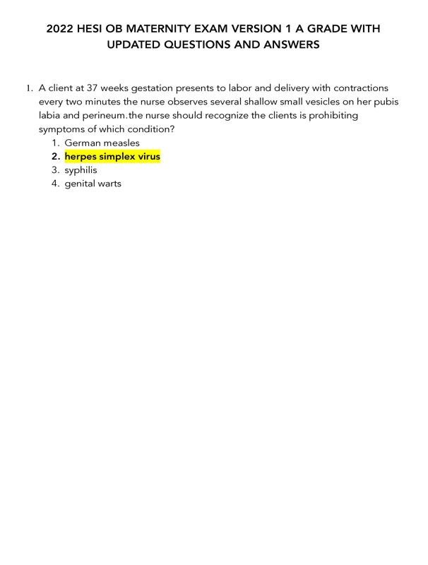2022 HESI OB MATERNITY EXAM VERSION 1 A GRADE WITH UPDATED QUESTIONS ...