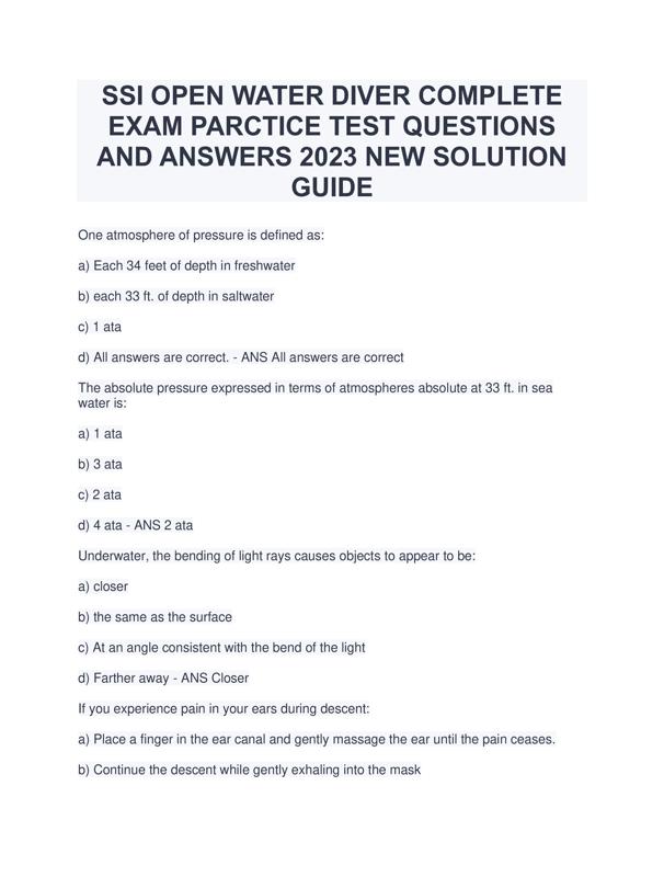 SSI OPEN WATER DIVER COMPLETE EXAM PARCTICE TEST QUESTIONS AND ANSWERS ...