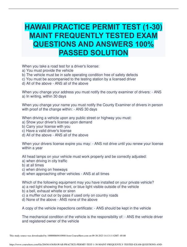 HAWAII PRACTICE PERMIT TEST (1-30) MAINT FREQUENTLY TESTED EXAM ...