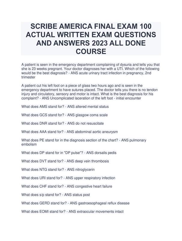 SCRIBE AMERICA FINAL EXAM 100 ACTUAL WRITTEN EXAM QUESTIONS AND ANSWERS ...