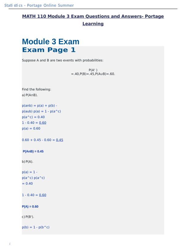 MATH 110 Module 3 Exam Questions And Answers- Portage Learning