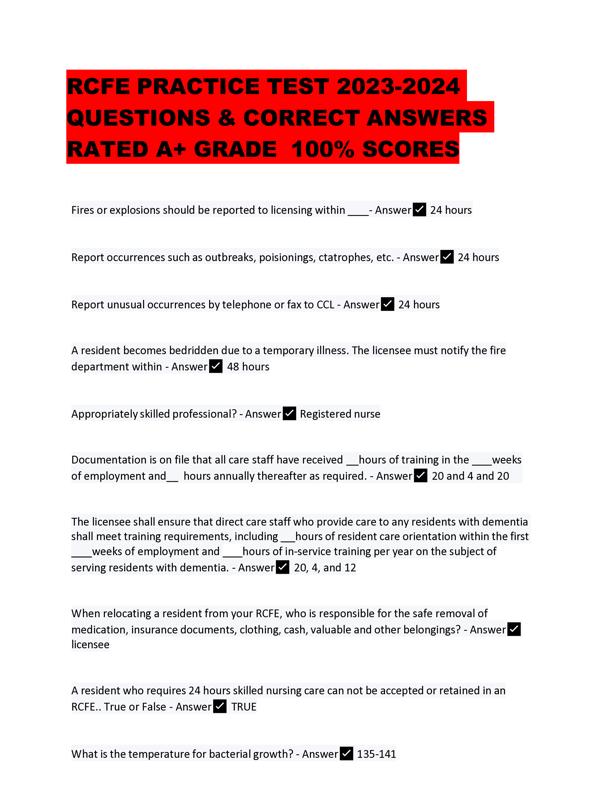 RCFE PRACTICE TEST 2023-2024 QUESTIONS & CORRECT ANSWERS RATED A+ GRADE ...