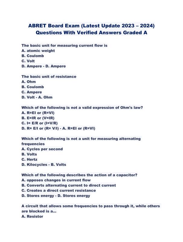 ABRET Board Exam (Latest Update 2023 – 2024) Questions With Verified ...