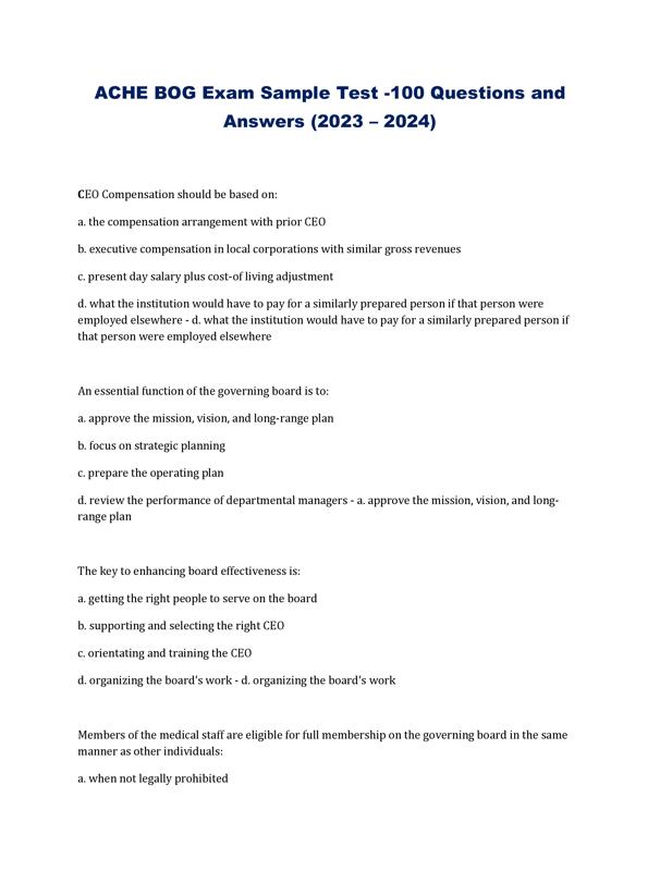 ACHE BOG Exam Sample Test -100 Questions And Answers (2023 – 2024)