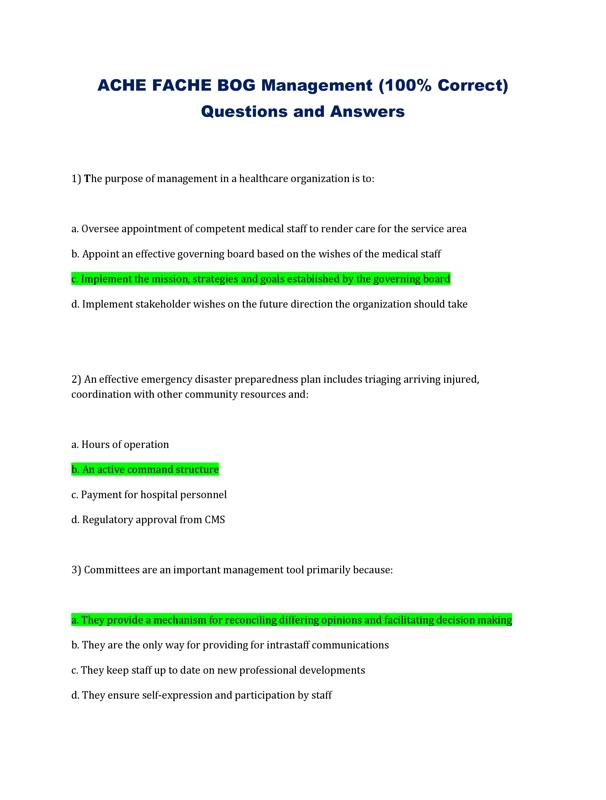 ACHE FACHE BOG Management (100% Correct) Questions And Answers