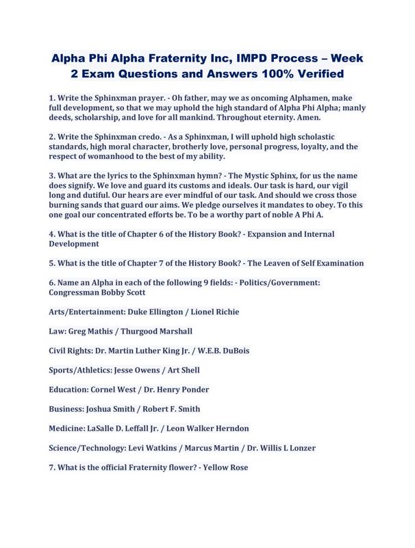Alpha Phi Alpha Fraternity Inc, IMPD Process – Week 2 Exam Questions ...