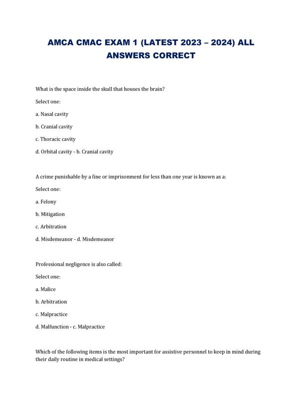 AMCA CMAC EXAM 1 (LATEST 2023 – 2024) ALL ANSWERS CORRECT