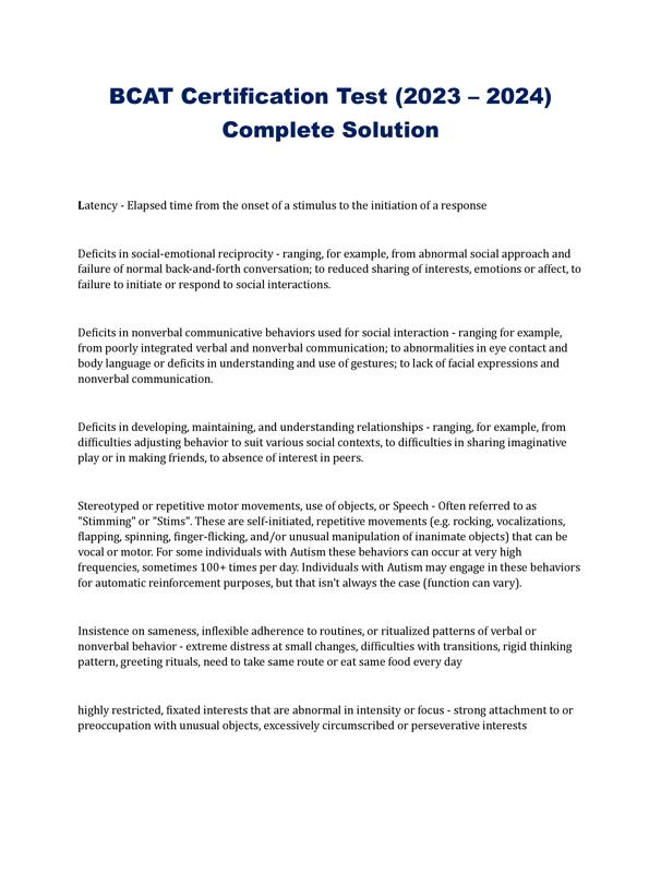 BCAT Certification Test (2023 – 2024) Complete Solution