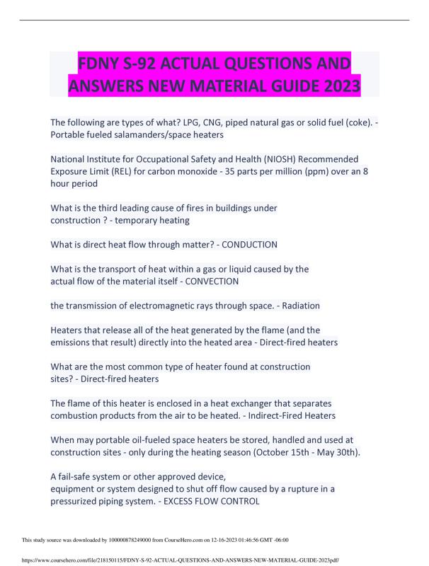 FDNY S-92 ACTUAL QUESTIONS AND ANSWERS NEW MATERIAL GUIDE 2023