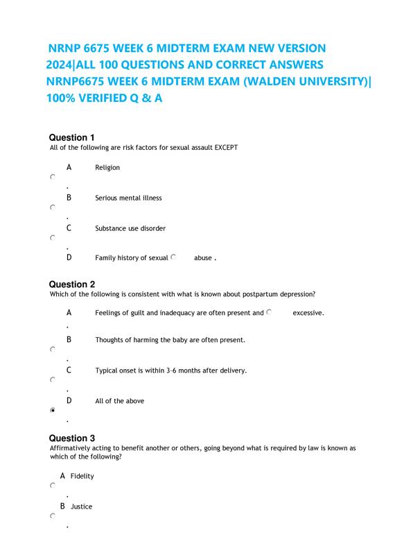 NRNP 6675 WEEK 6 MIDTERM EXAM NEW VERSION 2024|ALL 100 QUESTIONS AND CORRECT ANSWERS NRNP6675 ...