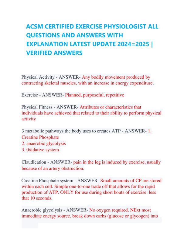 ACSM CERTIFIED EXERCISE PHYSIOLOGIST ALL QUESTIONS AND ANSWERS WITH ...