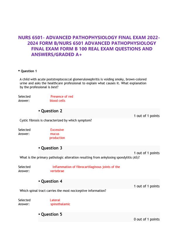 NURS 6501- ADVANCED PATHOPHYSIOLOGY FINAL EXAM 2022-2024 FORM B/NURS ...